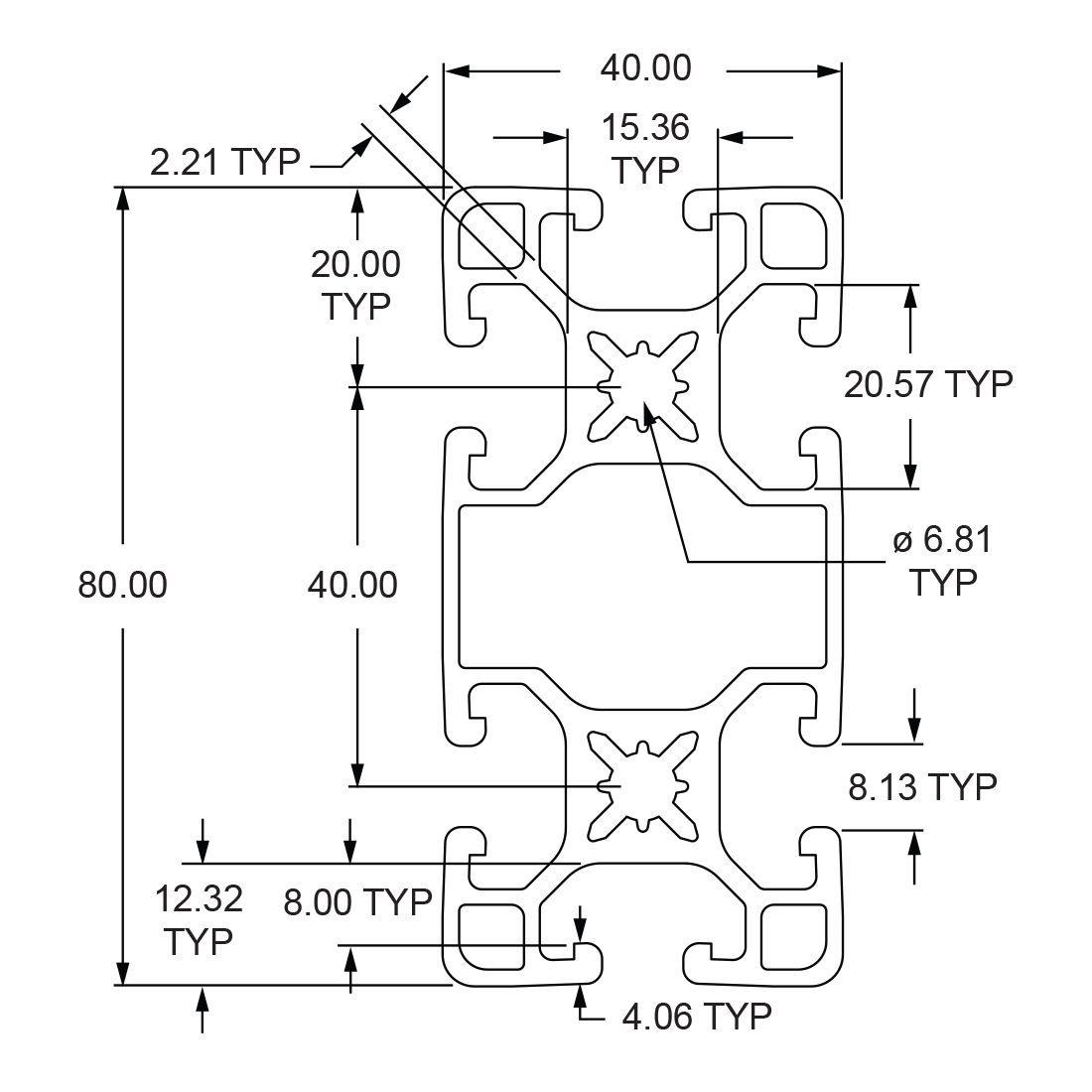 Buy 40mm X 80mm Ultra-Lite T-Slot - 6 Open T-Slots - Modular1